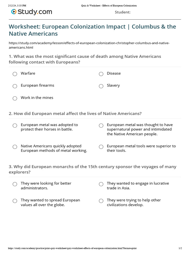 Quiz & Worksheet - Effects of European Colonization | PDF | European ...