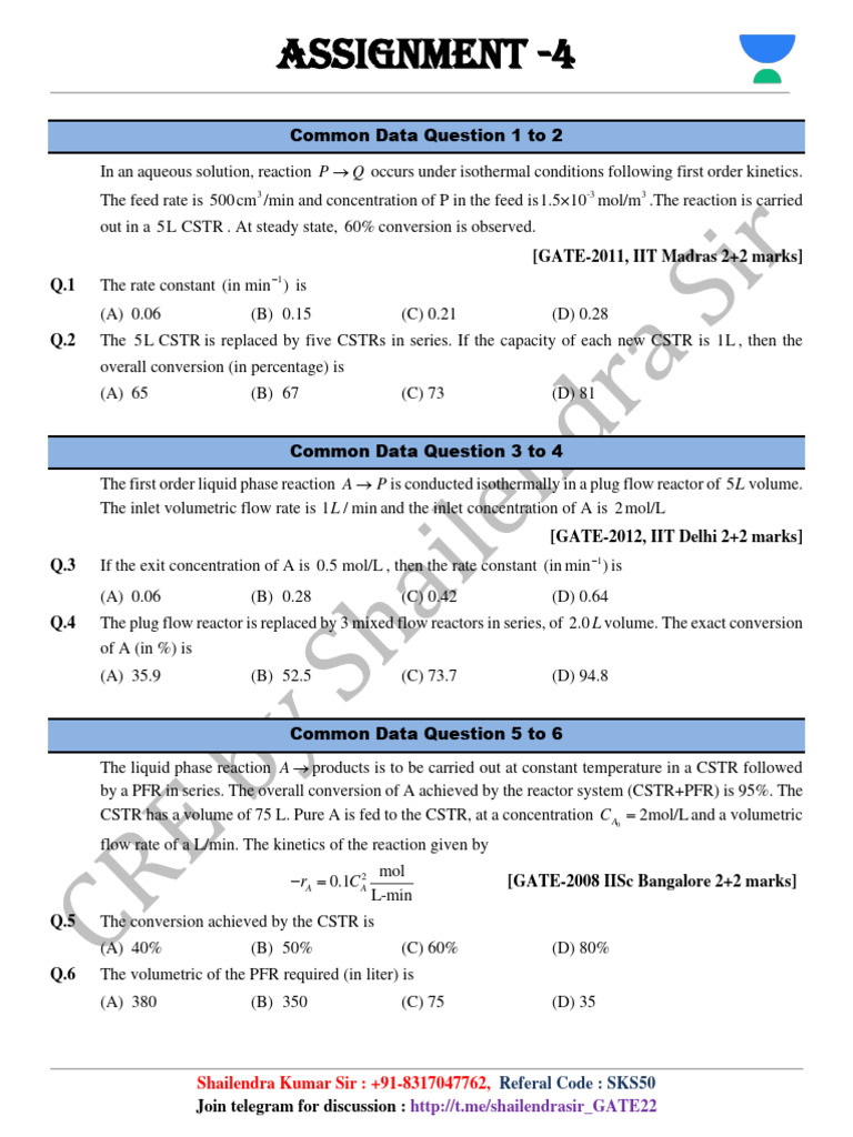 Assignment-4 CRE by Shailendra Sir | PDF | Chemical Reactor | Chemical Equipment