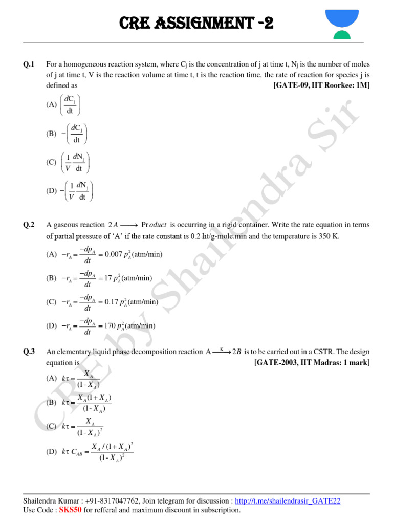 CRE Crash Course Assignment 2 | PDF | Chemical Reactor | Reaction Rate ...