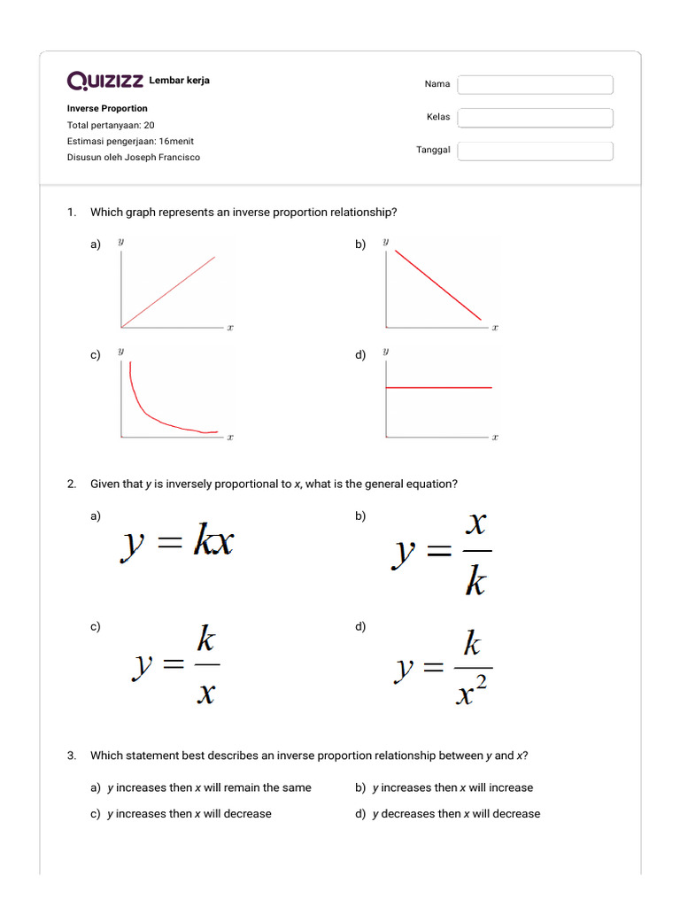 Inverse Proportion Worksheet | PDF | Mathematics | Mathematical Objects