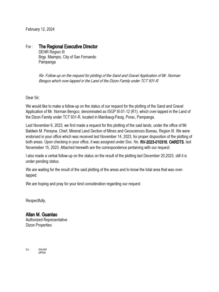 DENR Follow Up Letter For The Overlapped Manman and TCT 931-R | PDF