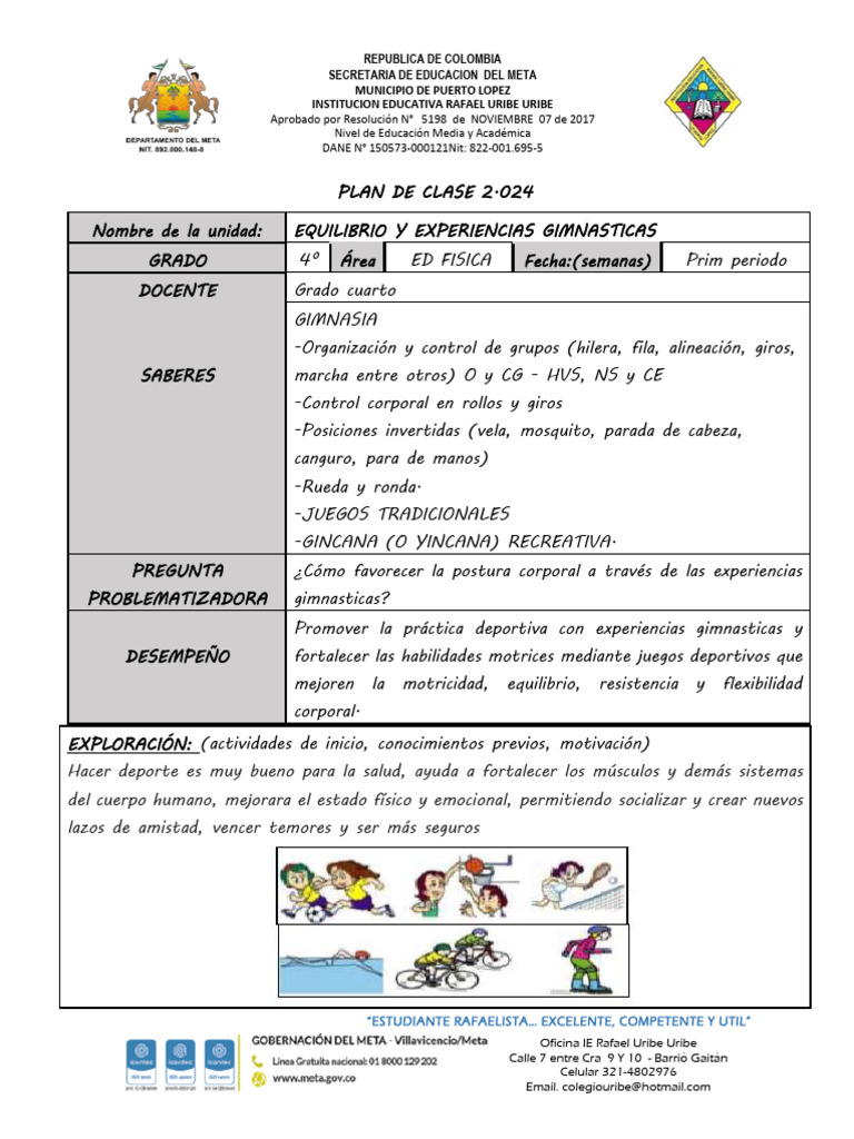 Plan de Clase Educación Fisica Primer Periodo | PDF