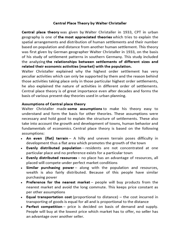 Overview of Christaller's Central Place Theory | PDF | Finance & Money ...