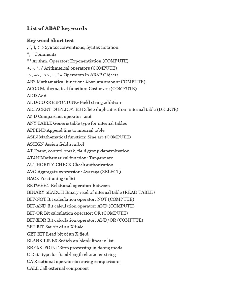 List of ABAP Keywords | PDF | Relational Database | Parameter (Computer Programming)