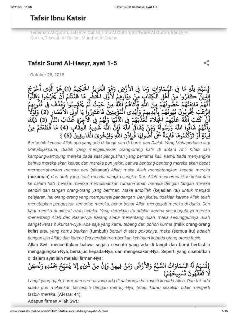 Tafsir Surat Al-Hasyr, Ayat 1-5 | PDF