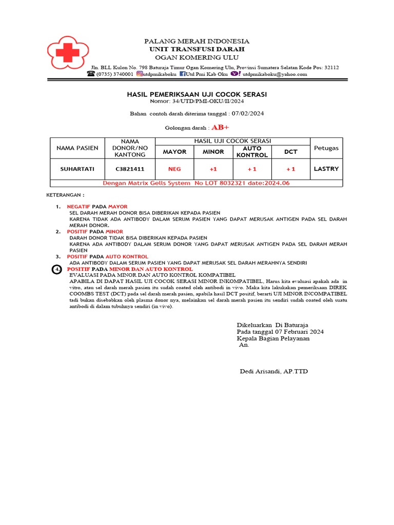 Hasil Uji Cocok Serasi Transfusi Darah | PDF