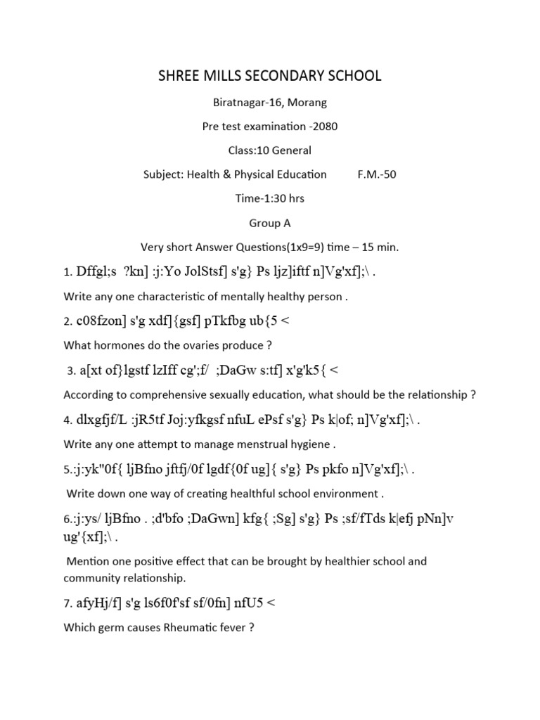 H & P E Class 10 Pre Test Exam | PDF | Self-Improvement