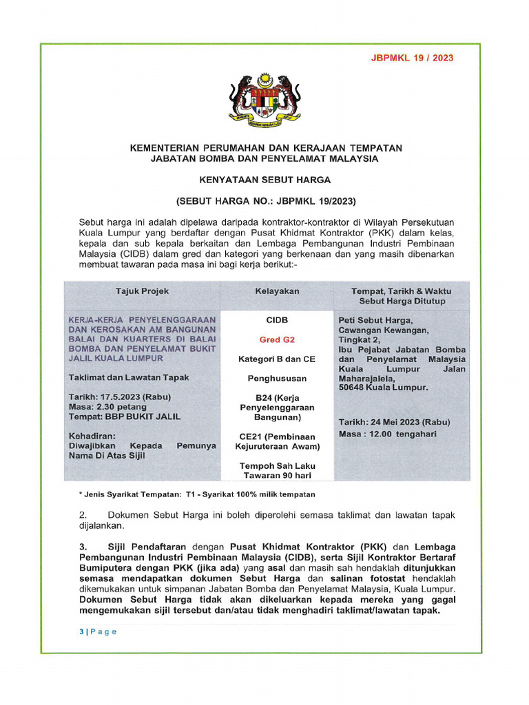 Iklan Sebut Harga Balai Bukit Jalil | PDF