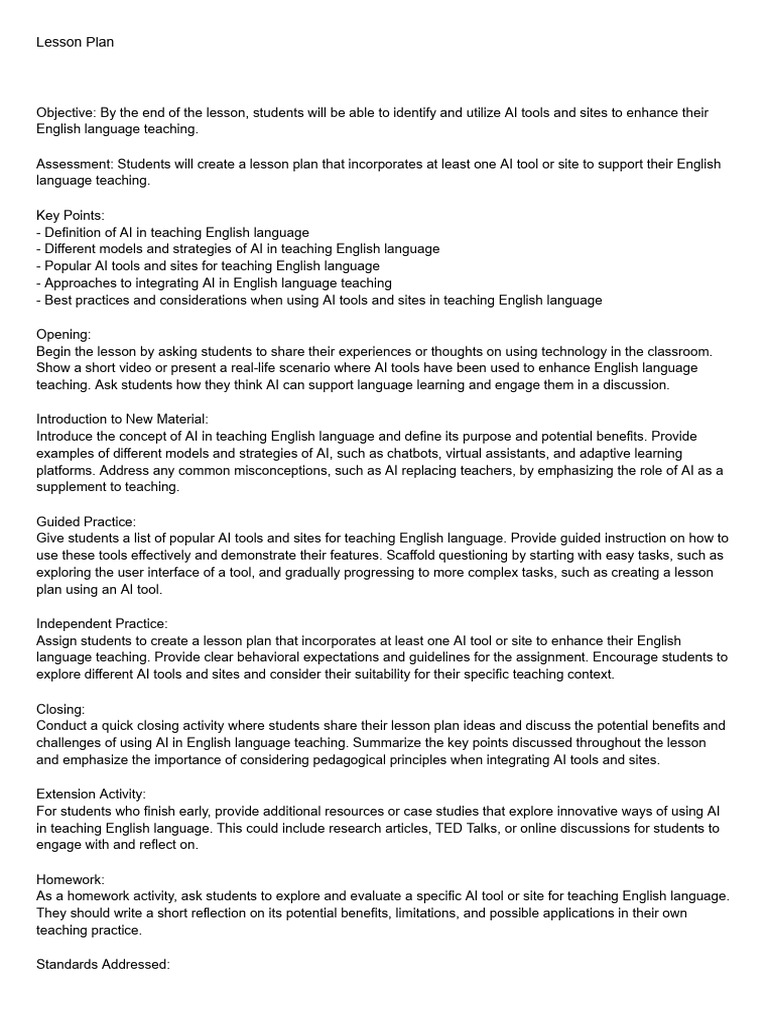 AI-Enhanced English Teaching Lesson Plan | PDF | Lesson Plan ...