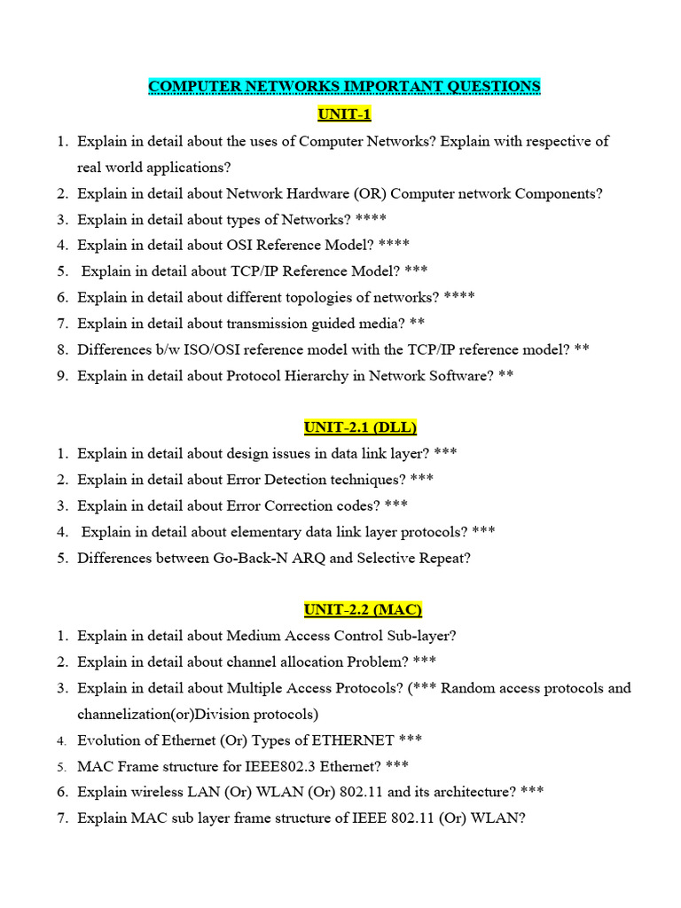 Important Questions | PDF | Computer Network | Computer Architecture