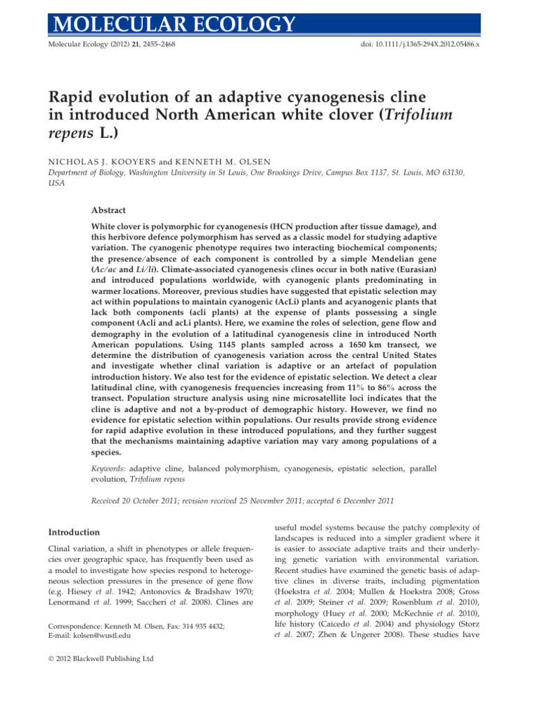 Rapid Evolution of An Adaptive Cyanogenesis Cline in Introduced North ...