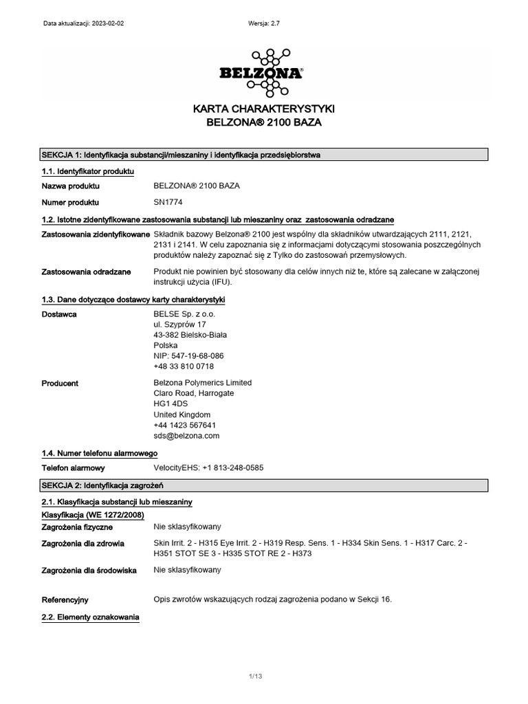 Karta Charakterystyki Belzona® 2100 Baza: Data Aktualizacji: 2023-02-02 ...