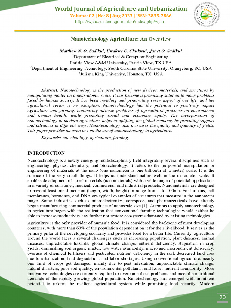 Nanotechnology Agriculture: An Overview | PDF | Nanotechnology | Agriculture