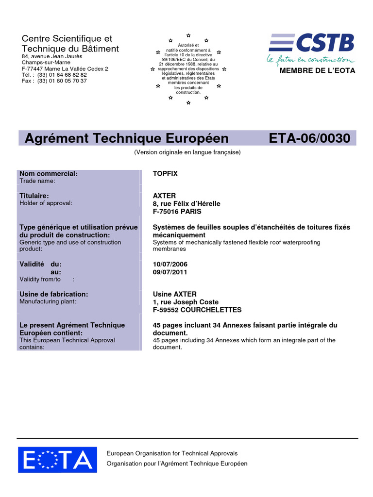 TOPFIX AgrementTechniqueEuropeen | PDF | Directive (Union européenne)