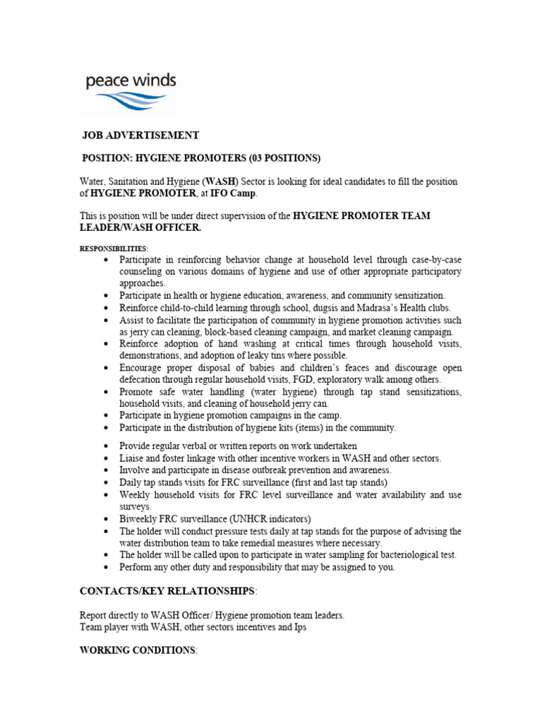 Hygiene Promoter Jobs at IFO Camp | PDF | Social Science | Wellness