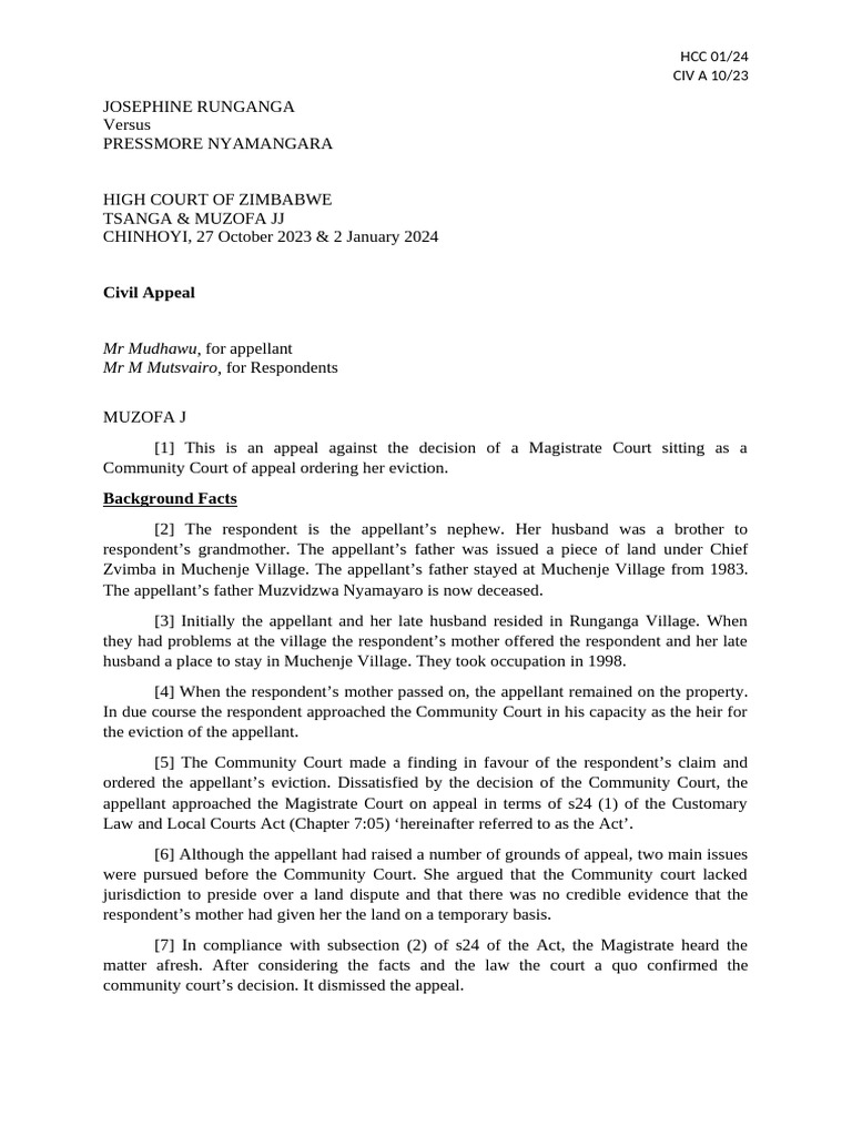 Runganga V Nyamangara (1 of 2024) 2024 ZWCHHC 1 (2 January 2024) | PDF ...