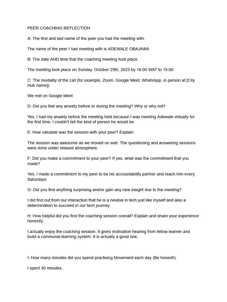 Peer Coaching Reflection Summary | PDF | Behavioural Sciences | Cognitive Science