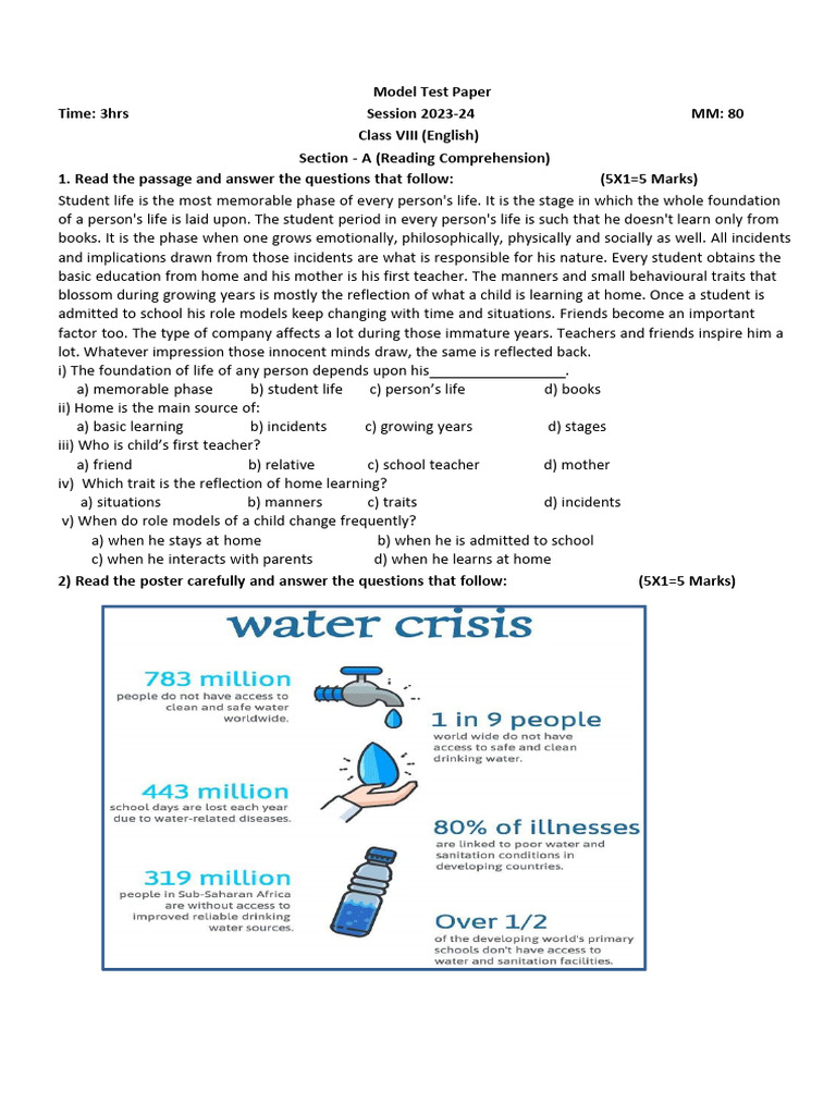 8th English Model Test Paper 2023-24 | PDF