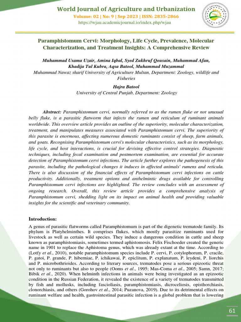 Paramphistomum Cervi: Morphology, Life Cycle, Prevalence, Molecular ...