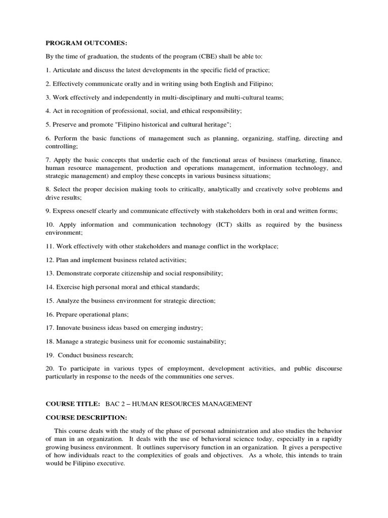 Human Resource Management Program Outcomes | PDF | Career & Growth