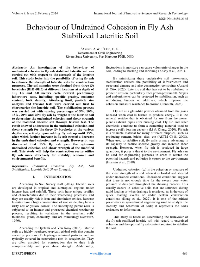 Behaviour of Undrained Cohesion in Fly Ash Stabilized Lateritic Soil ...