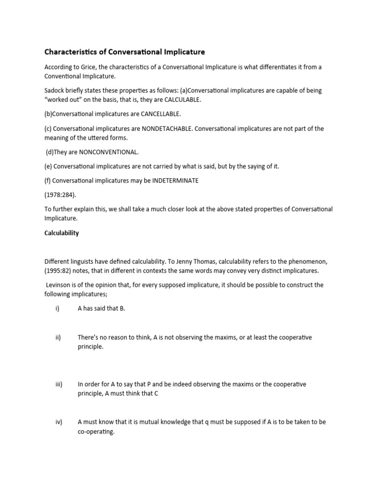 Characteristics of Conversational Implicature | PDF | Philosophical Methodology | Cognitive Science