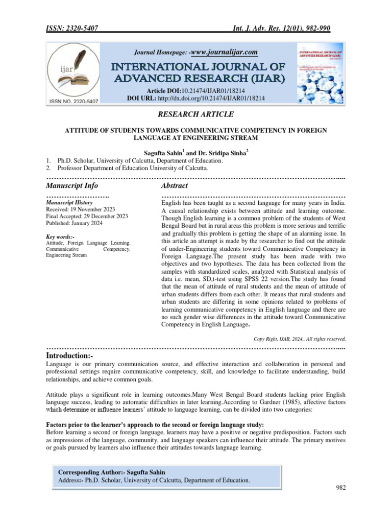 Attitude of Students Towards Communicative Competency in Foreign Language at Engineering Stream ...