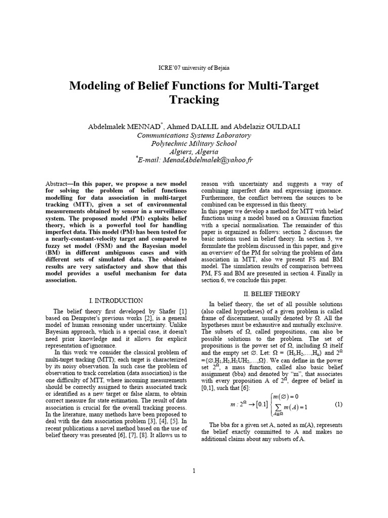Modeling Of Belief Functions For Multi Target Tracking Pdf Logic Mathematics