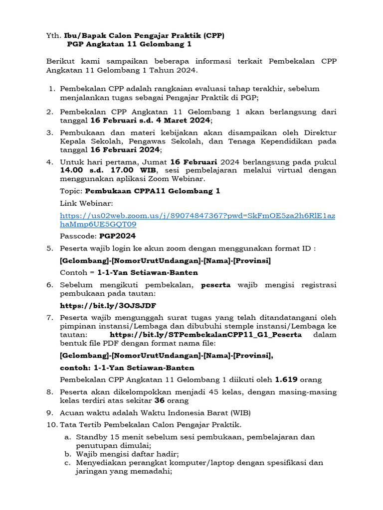 Informasi Pembekalan CPP - A11 - Gelombang 1. | PDF
