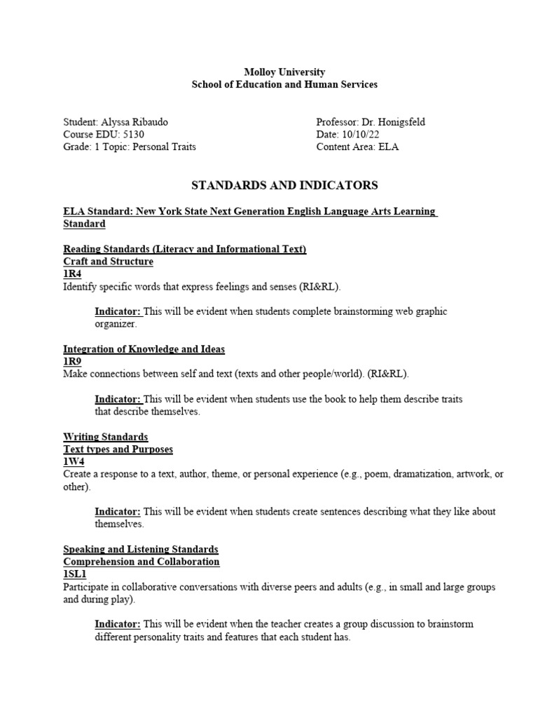 Personal Traits Lesson Plan for ELA | PDF | Reading Comprehension ...