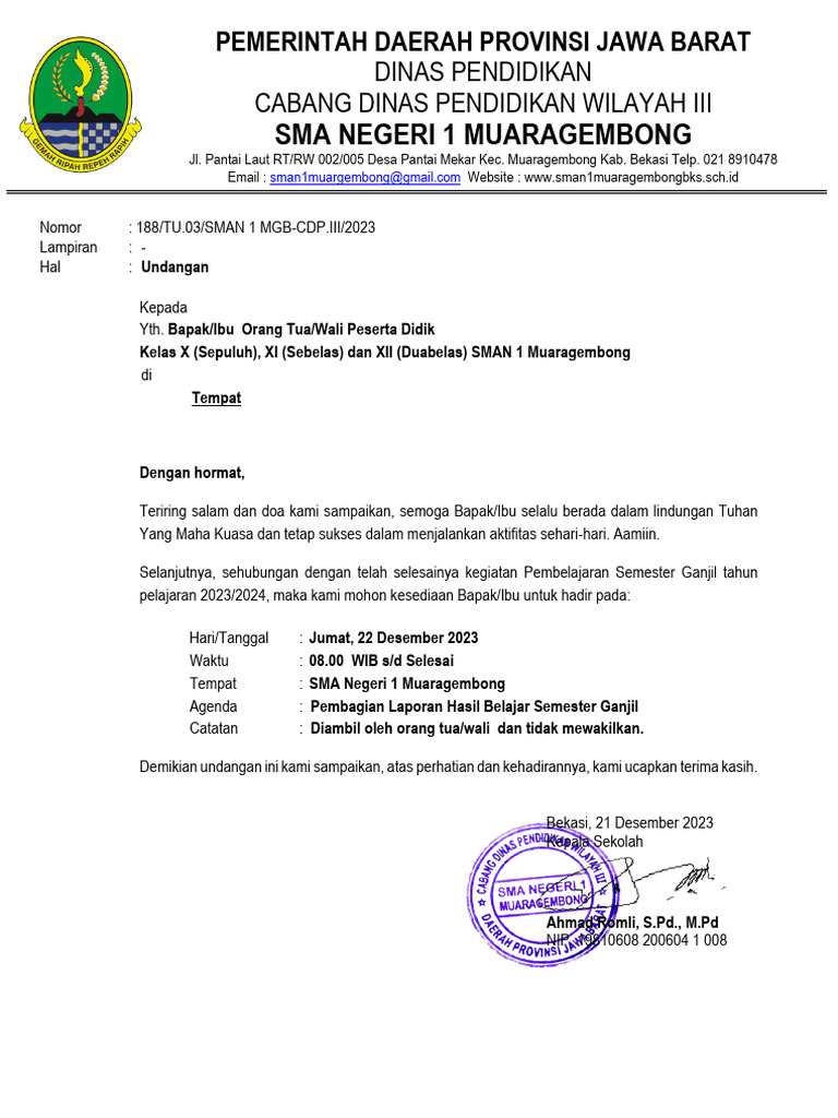 Surat Undangan Wali Peserta didik semester ganjil TA 2023-2024 | PDF