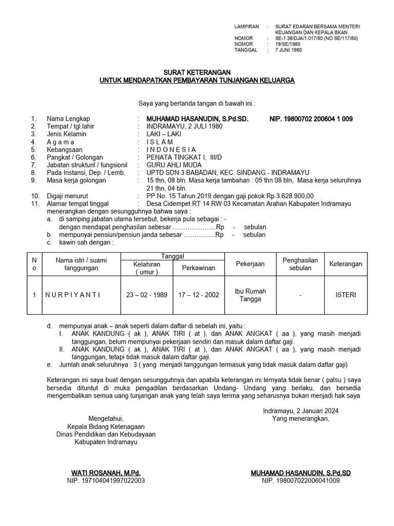 Surat Keterangan Tunjangan Keluarga | PDF