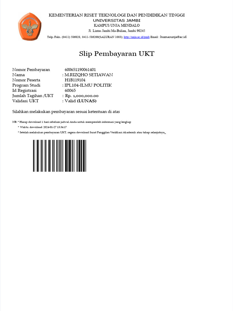 PDF Slip Pembayaran Ukt Unja1190061401 | PDF