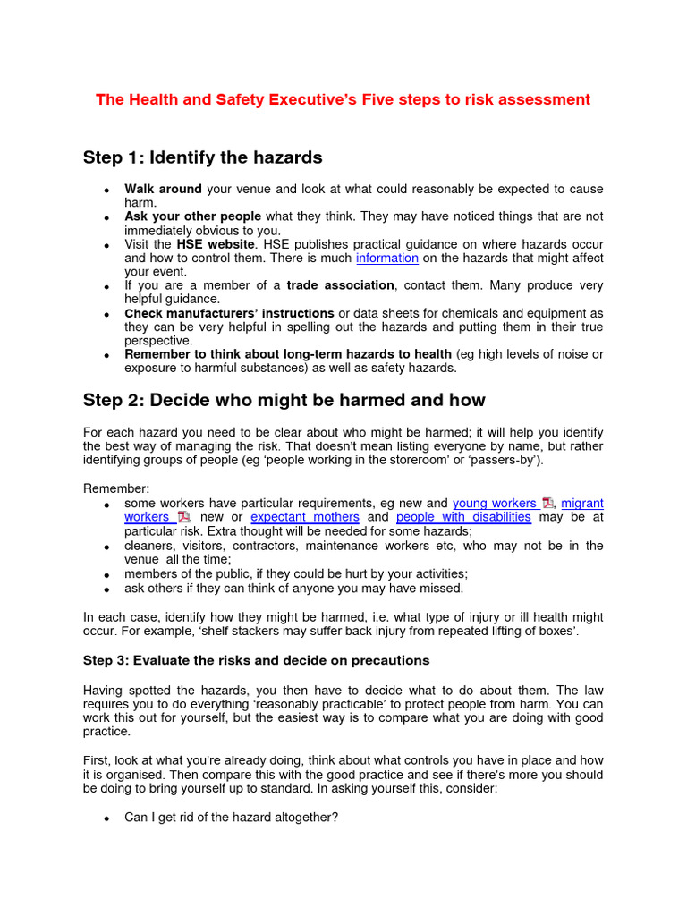 Hse Five Steps To Risk Assessment 221009 093825 | PDF | Risk | Hazards