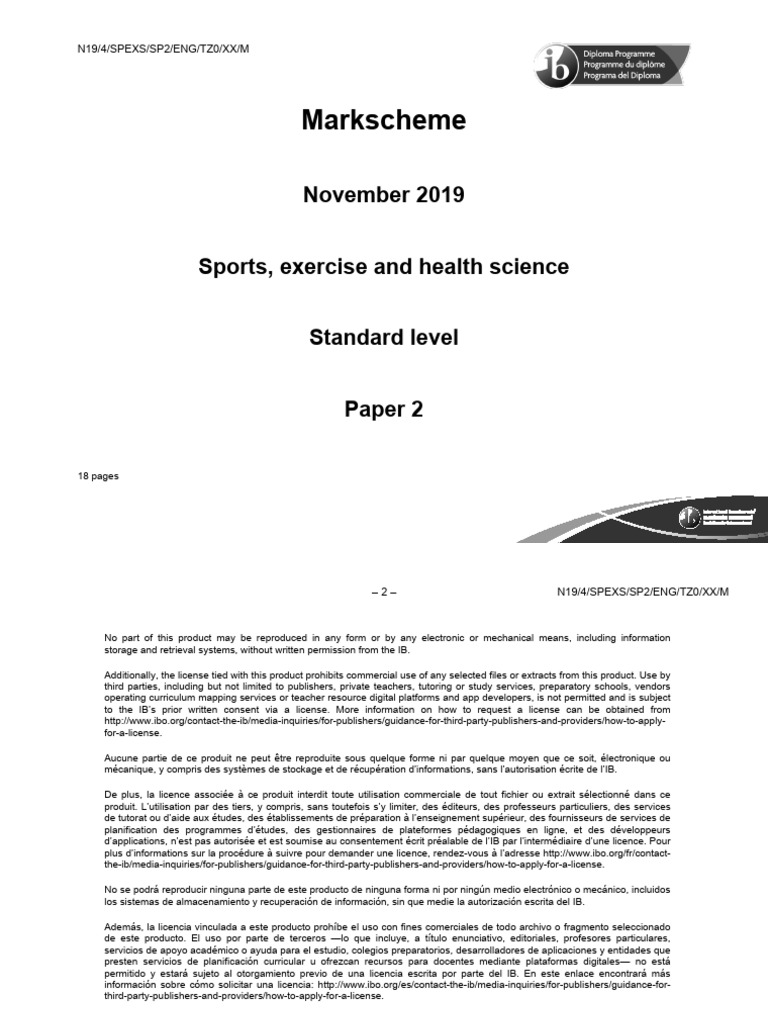 Sports Exercise and Health Science Paper 2 SL Markscheme | PDF