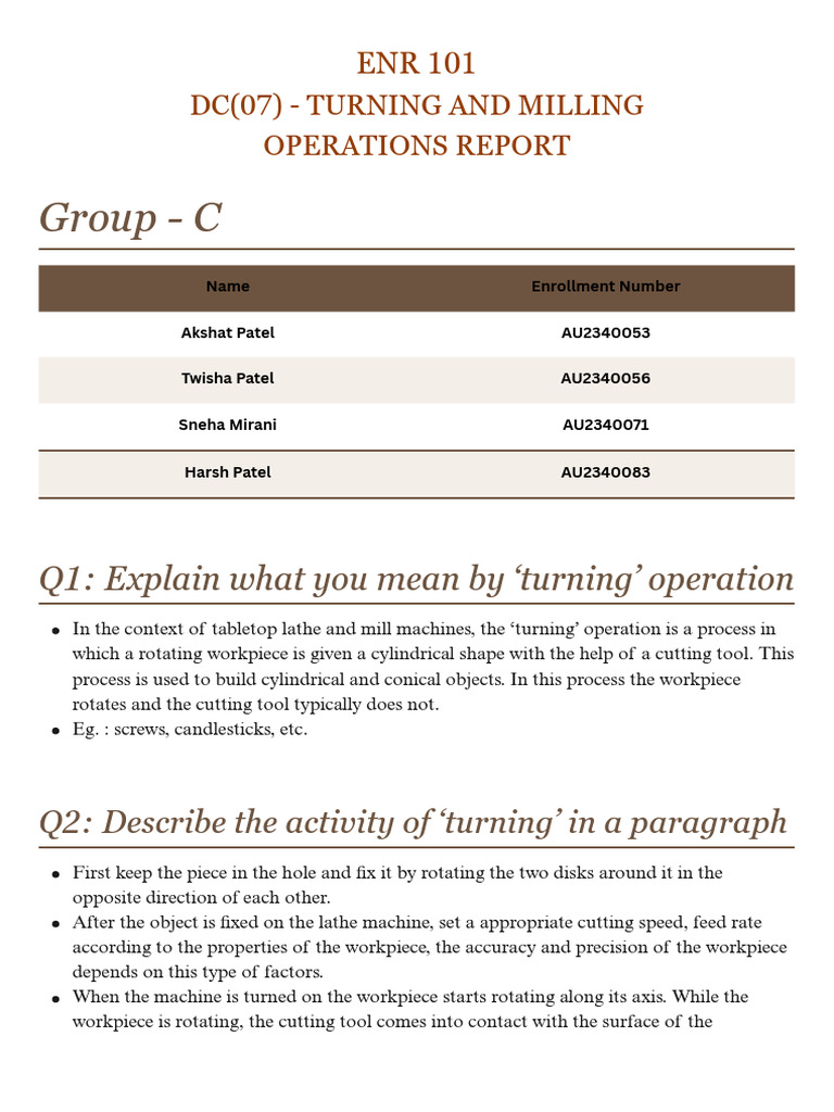 DC07 - Turning and Milling Operations Report | PDF