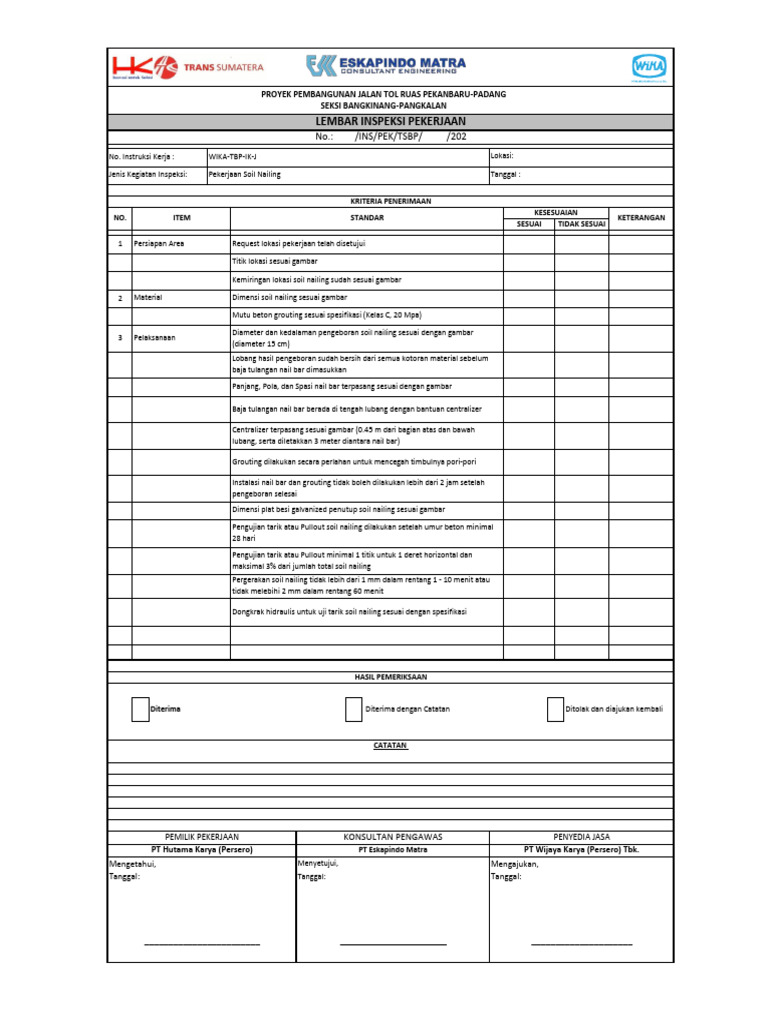 Inspeksi Pekerjaan Soil Nailing Genset | PDF