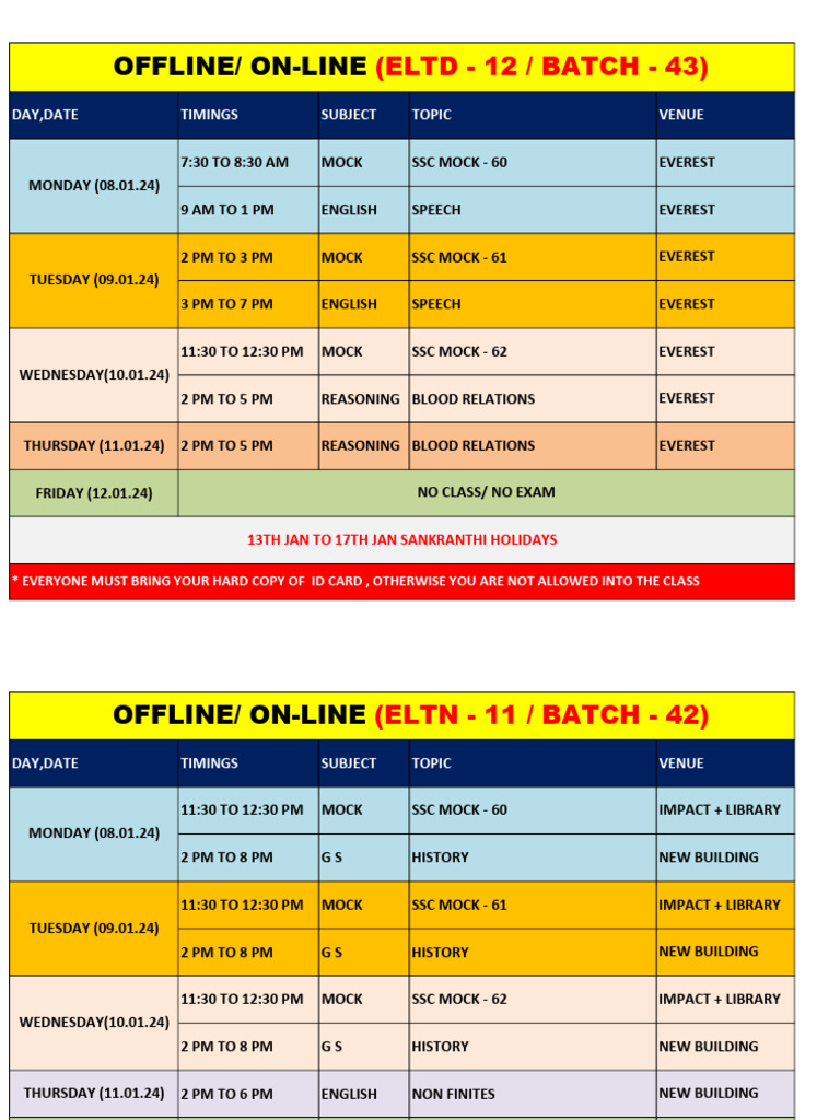 STUDENT TIME TABLE (8TH JAN TO 12TH JAN 2024) | PDF | Online And ...