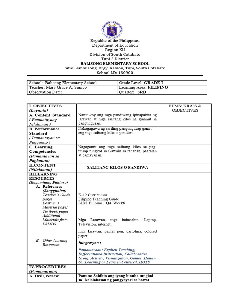 Pang Uri Lesson Plan Filipino | PDF