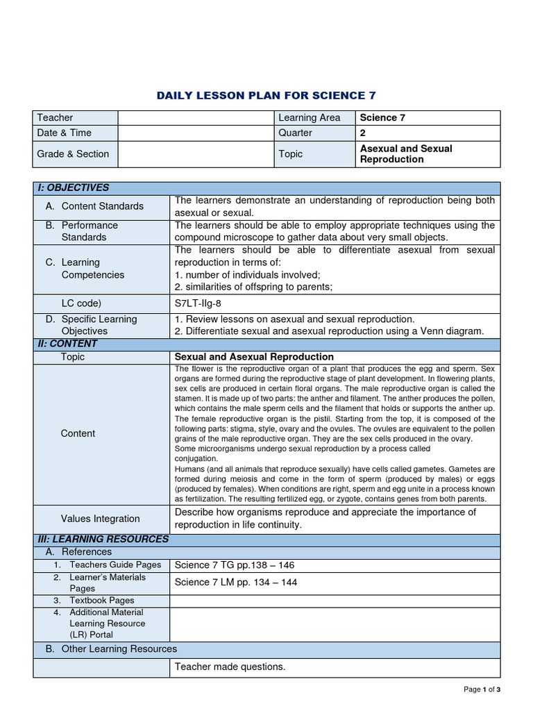 Lesson Plan For Science G7 15 | PDF | Sexual Reproduction | Reproduction