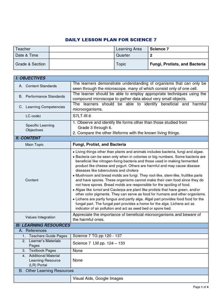 Lesson Plan For Science G7 11 | PDF | Fungus | Algae