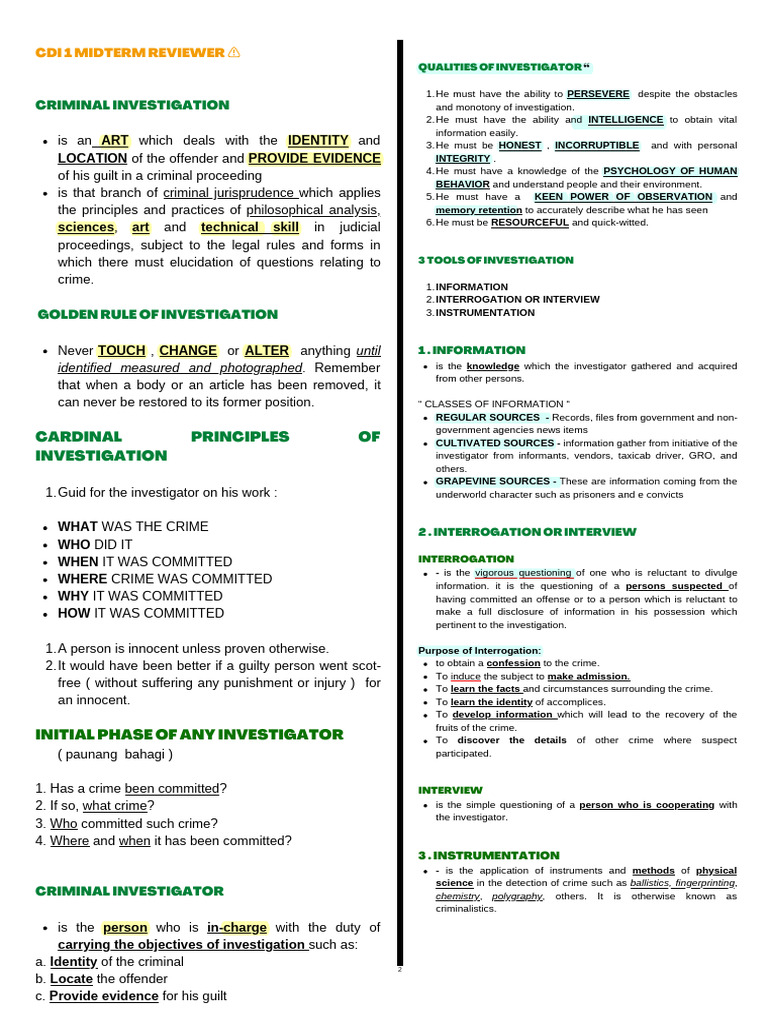 CDI REVIEWER Midterm | Download Free PDF | Crime Scene | Confession (Law)