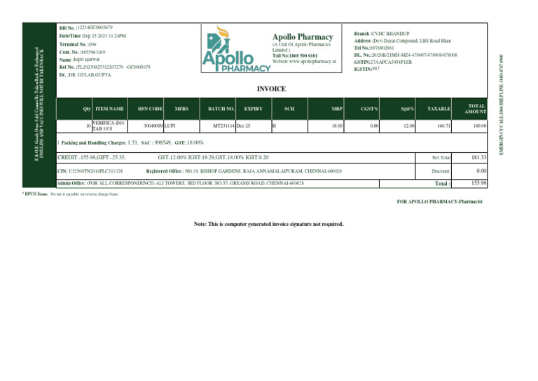 Apollo Medicine InvoiceJan 20 2024 22 01 | PDF | Public Finance | Sales