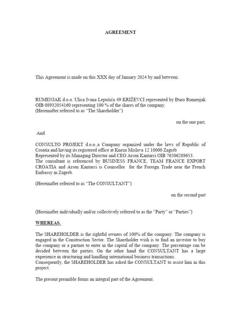 Draft Agreement Rumenjak Doo | PDF | Fee | Private Law