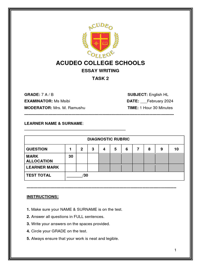 Grade 7 Essay Writing Task Guide Pdf Essays Punctuation