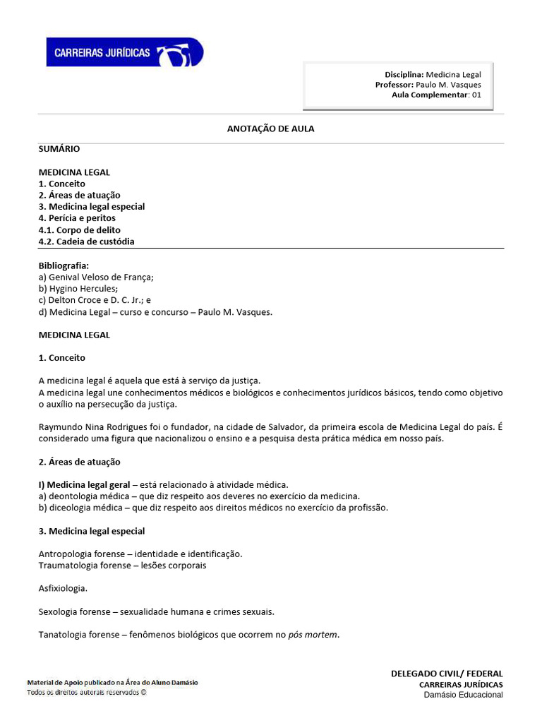 Resumo-Medicina Legal-Aula Complementar 01-Conceitos Iniciais Da Materia-Paulo Vasques-DEL | PDF ...