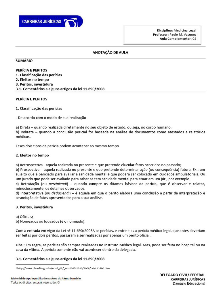 Resumo-Medicina Legal-Aula Complementar 02-Pericia e Peritos-Paulo Vasques-DEL | PDF ...