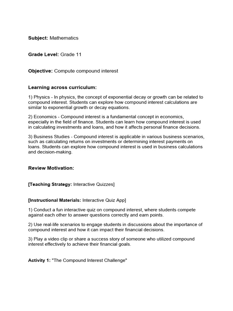 Lesson Plan | PDF | Interest | Compound Interest