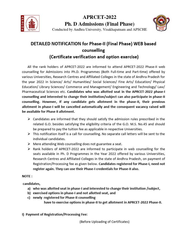 APRCET2022 Detailed Notification | PDF | Doctor Of Philosophy | Credit Card