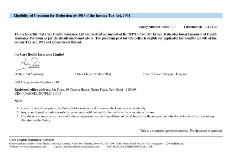 Care Health Insurance 80D Tax Certificate | PDF